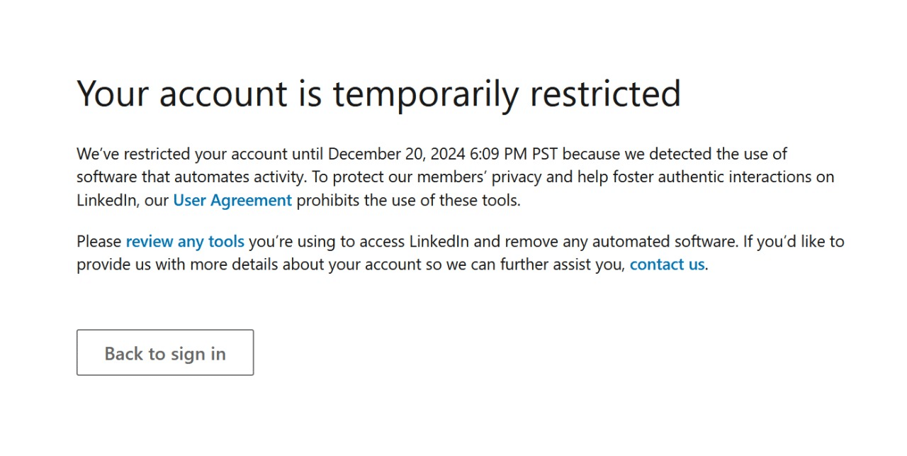 LinkedIn Access to Your Account Has Been Temporarily Restricted